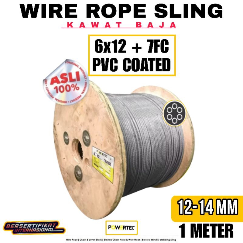 Jual KAWAT SLING BAJA 6x12+7FC 12-14 MM/1METER PVC COATED POWERTEC | POWERTAPE WIRE ROPE 6X12 ...