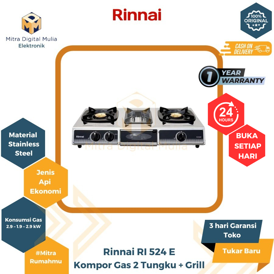 Jual Rinnai RI 524 E Kompor Gas 2 Tungku dengan Grill | Shopee Indonesia