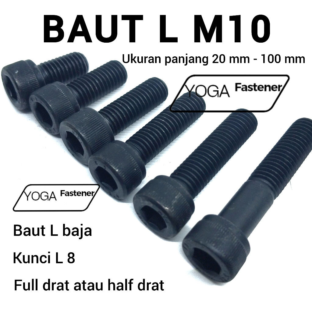 Jual Baut L M10 baja hitam kunci L 8 full drat dan half drat | Shopee Indonesia