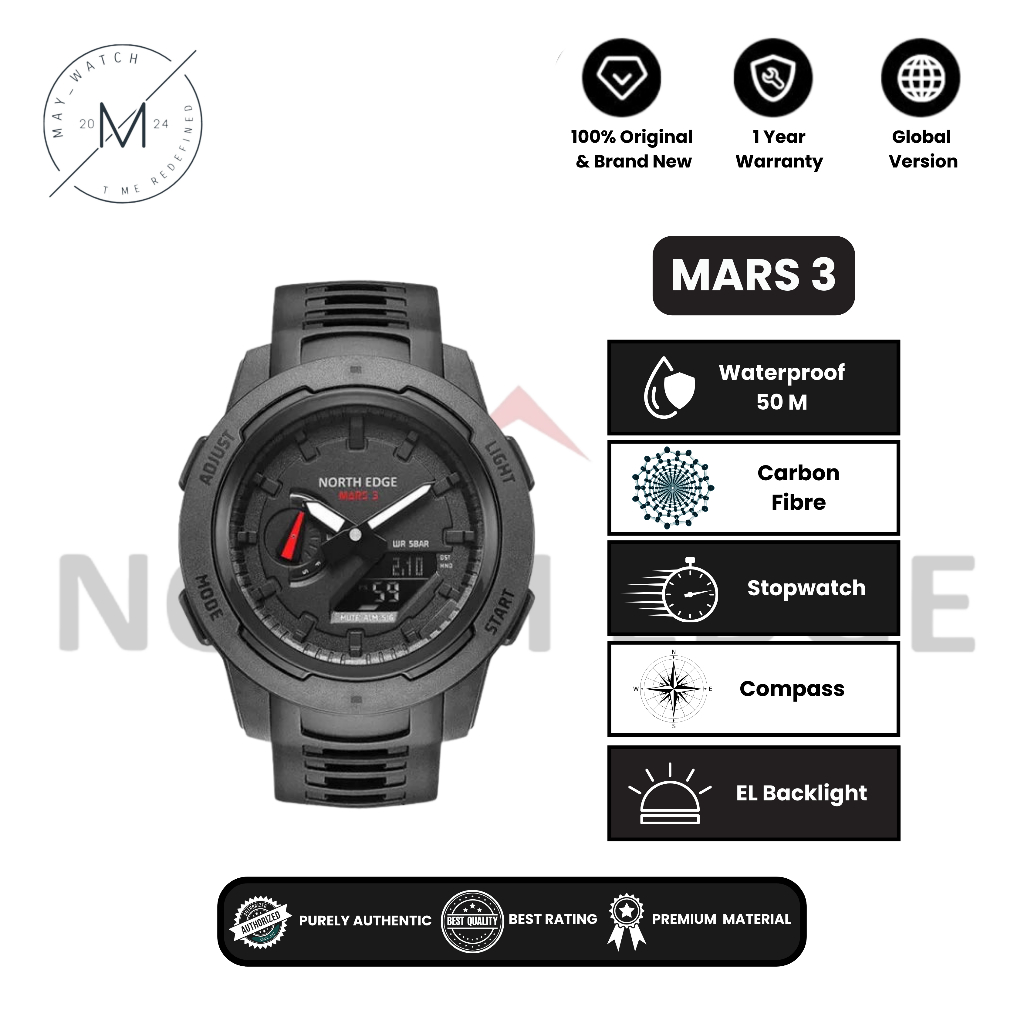Jual NORTH EDGE Mars 3 Men's Military Watch Digital Carbon Fiber Case ...