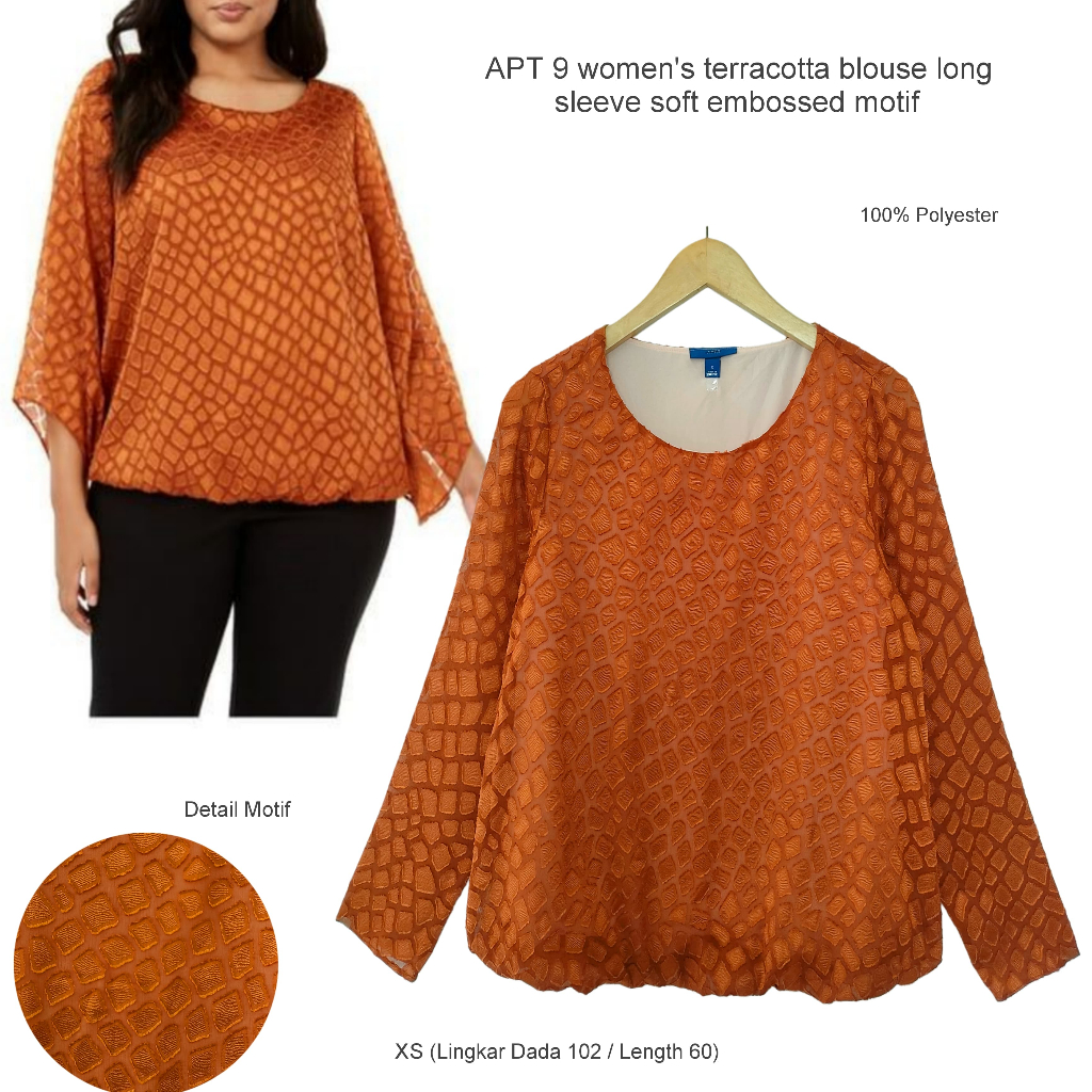 Jual APT 9 women's terracotta blouse long sleeve soft embossed motif ...