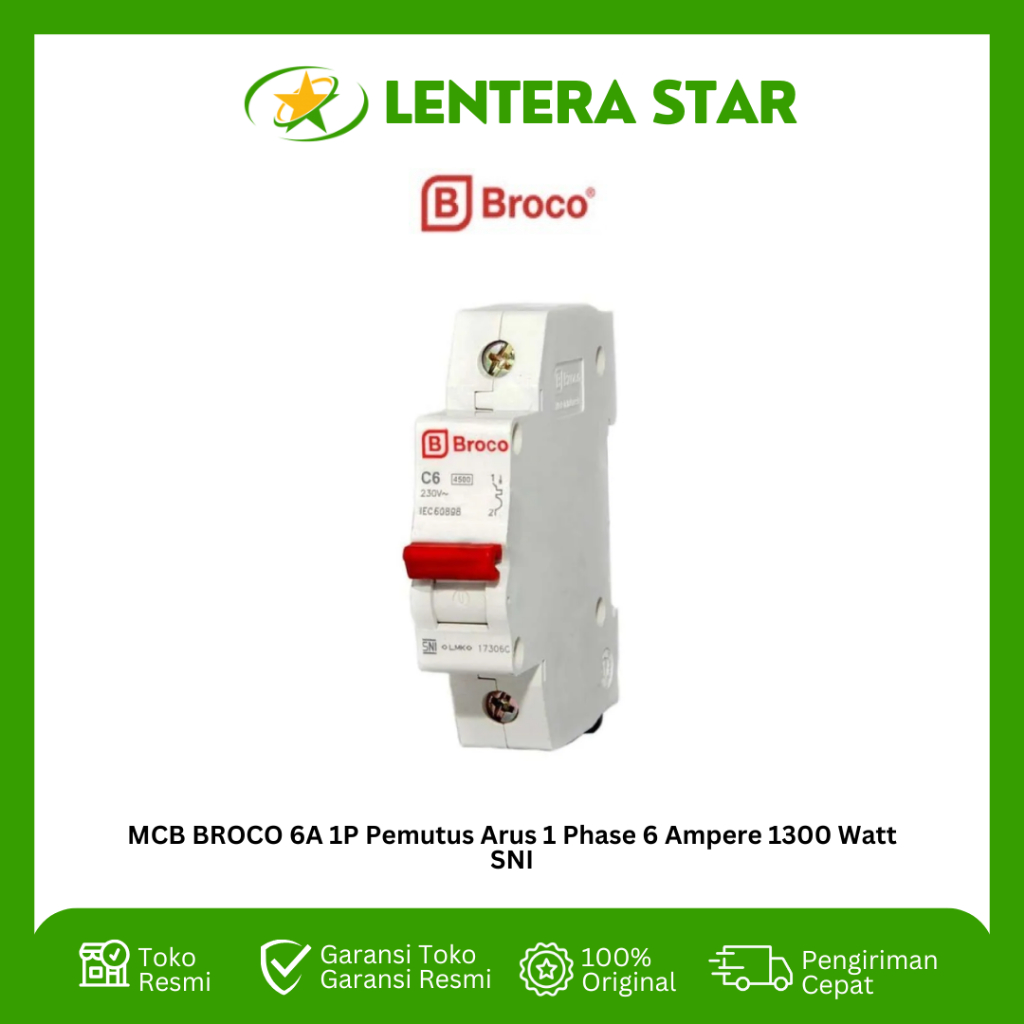 Jual MCB BROCO 6A 1P Pemutus Arus 1 Phase 6 Ampere 1300 Watt SNI | Shopee Indonesia