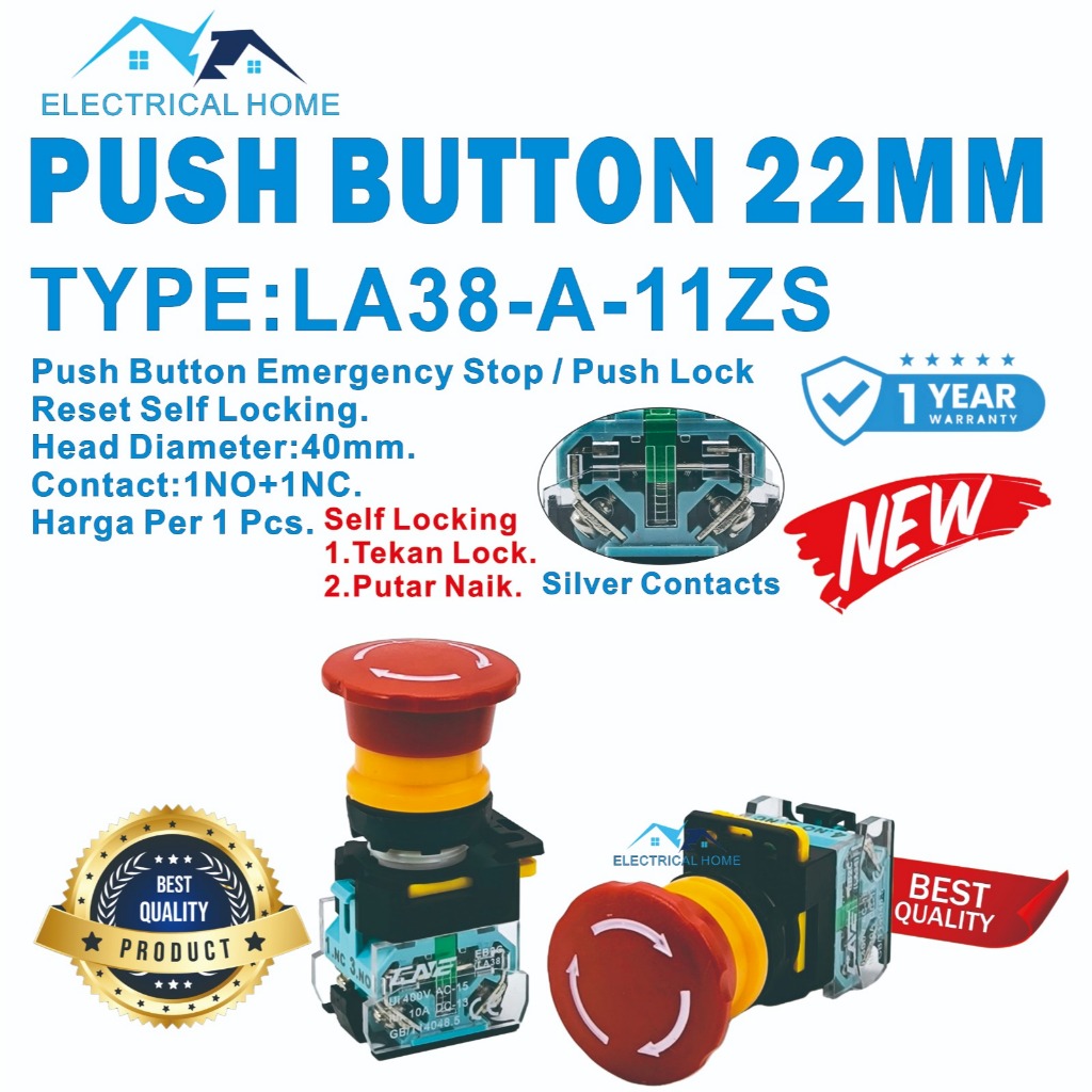 Jual Push Button Emergency Stop/Push lock/Reset Self Locking 22mm TYPE ...