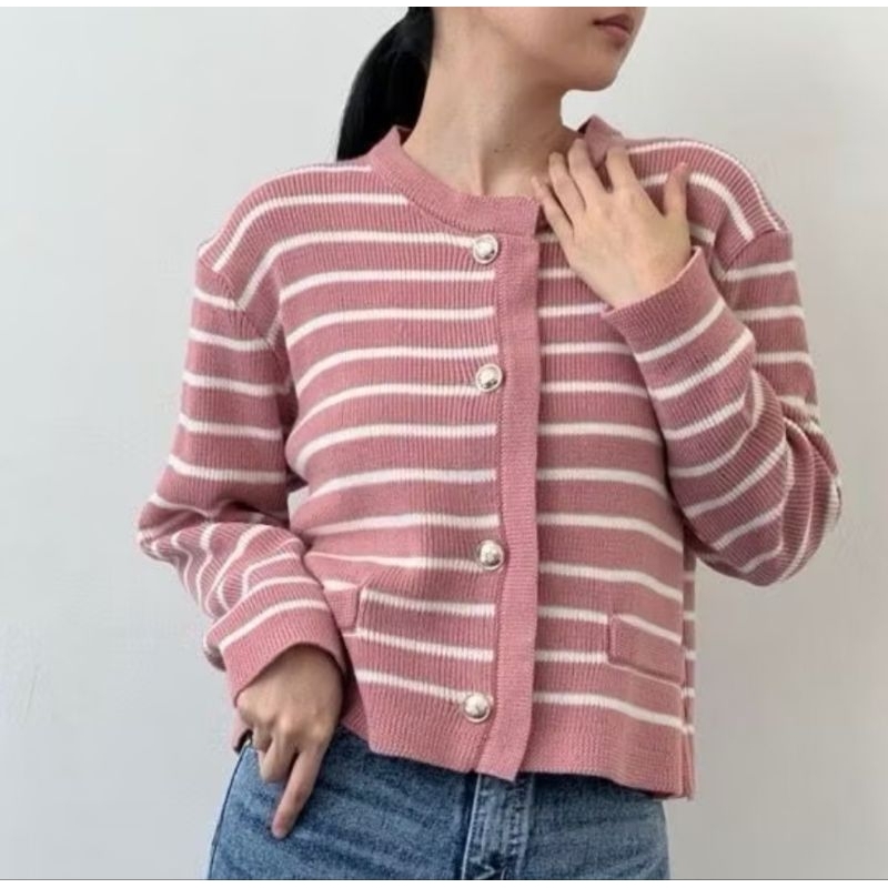 Jual HANIRA Chessy Cardigan Crop Knitwear - Cardigan Stripe Wanita ...