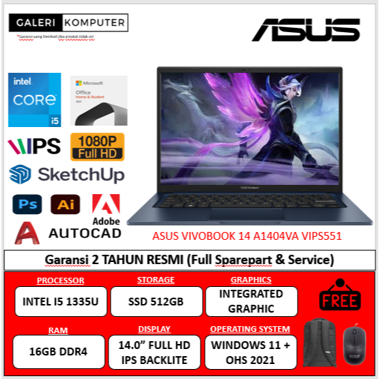 Jual LAPTOP ASUS VIVOBOOK 14 A1404VA VIPS551 INTEL I5 1335U 16GB 512GB ...