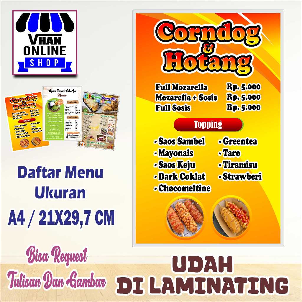 Jual Cetak Daftar Menu Jualan Corndog Design Bahan Kertas Dilaminating ...