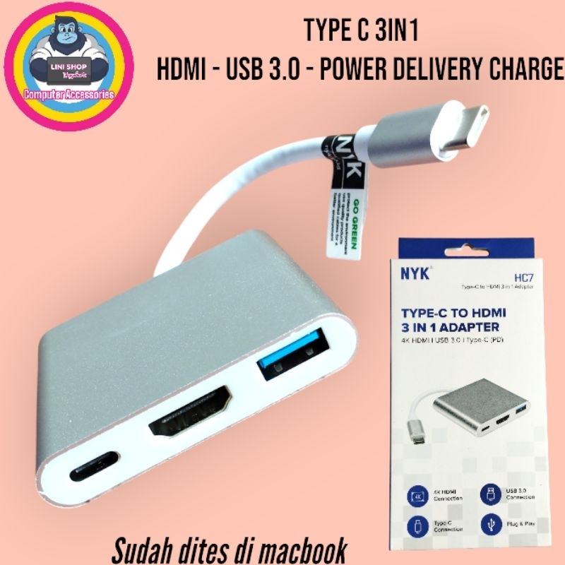 Jual Adapter usb type-c to hdmi + usb 3.0 + c power converter 3in1 type ...