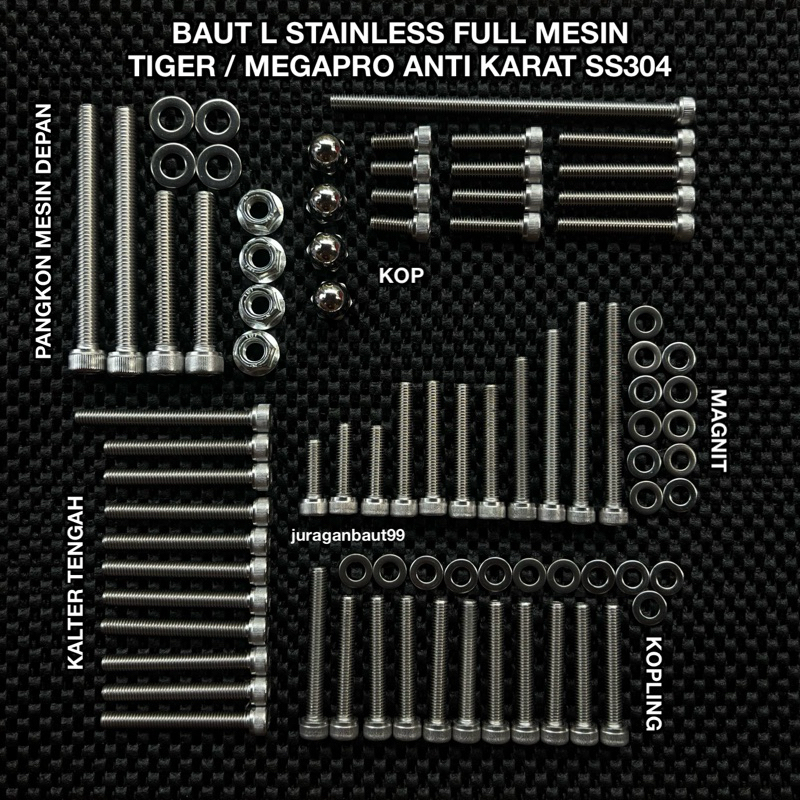 Jual BAUT L STAINLESS FULL MESIN CB GL MEGAPRO TIGER THE A2-70 100% ANTI KARAT BAUT TIGER SET ...