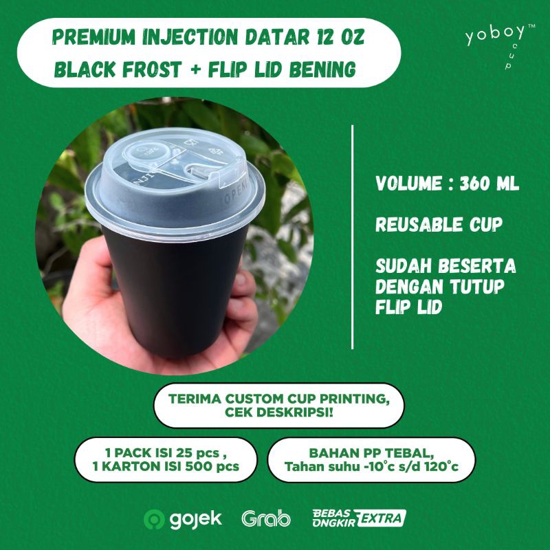 Jual INJECTION CUP PREMIUM 12oz FROST DOFF BLACK + FLIP LID HITAM/PUTIH ...