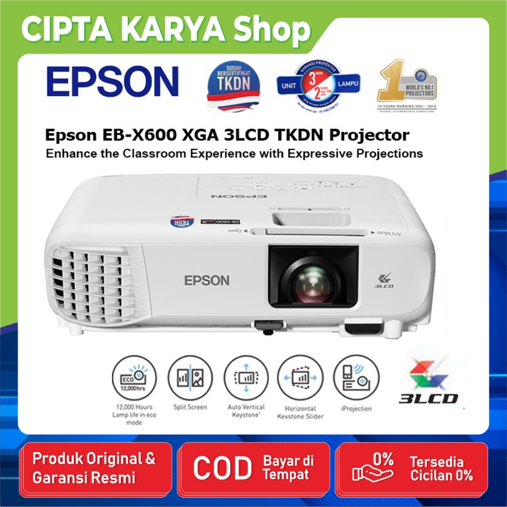 Jual Proyektor EPSON EB-X600 EBX600 EB X600 (PENGGANTI EB-X500) EB X500 XGA 3LCD 3600 Lumens ...