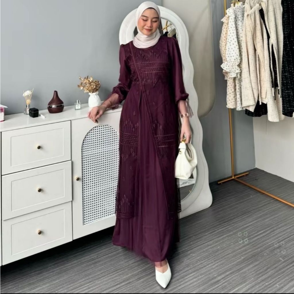 Jual Kinar Dress Silk Kombinasi Tile Garden Premium Warna Burgundy Gamis Brukat Tile Pesta ...