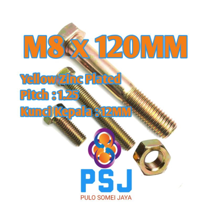 Jual Baut Mur Hexagon Kuning M8 x 120 / BMK Hexagon Kunci 12 | Shopee Indonesia