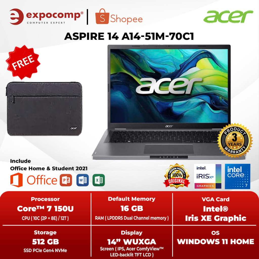 Jual ACER ASPIRE 14 A14-51M-70C1 GREY INTEL CORE 7-150U 16GB 512GB ...