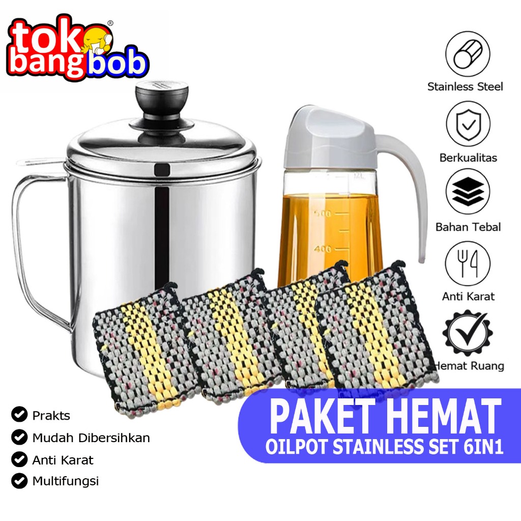 Jual Combo Hemat 6in1 Oil Pot Stainless 1000ml Plus Dispenser Minyak 630ml Dan Lap Cempal 4pcs ...