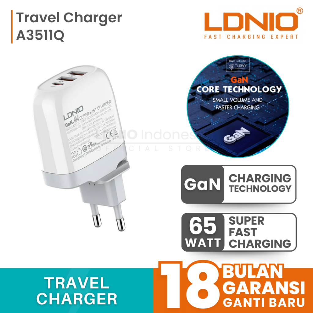 Jual LDNIO A3511Q Travel Charger PD GanX 65W Super Fast Charging ...