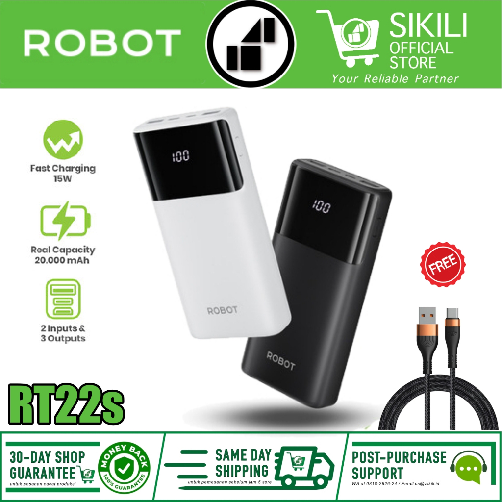 Jual ROBOT Smart Powerbank 20000mAh RT22S 15W 3 Port Output with LED ...