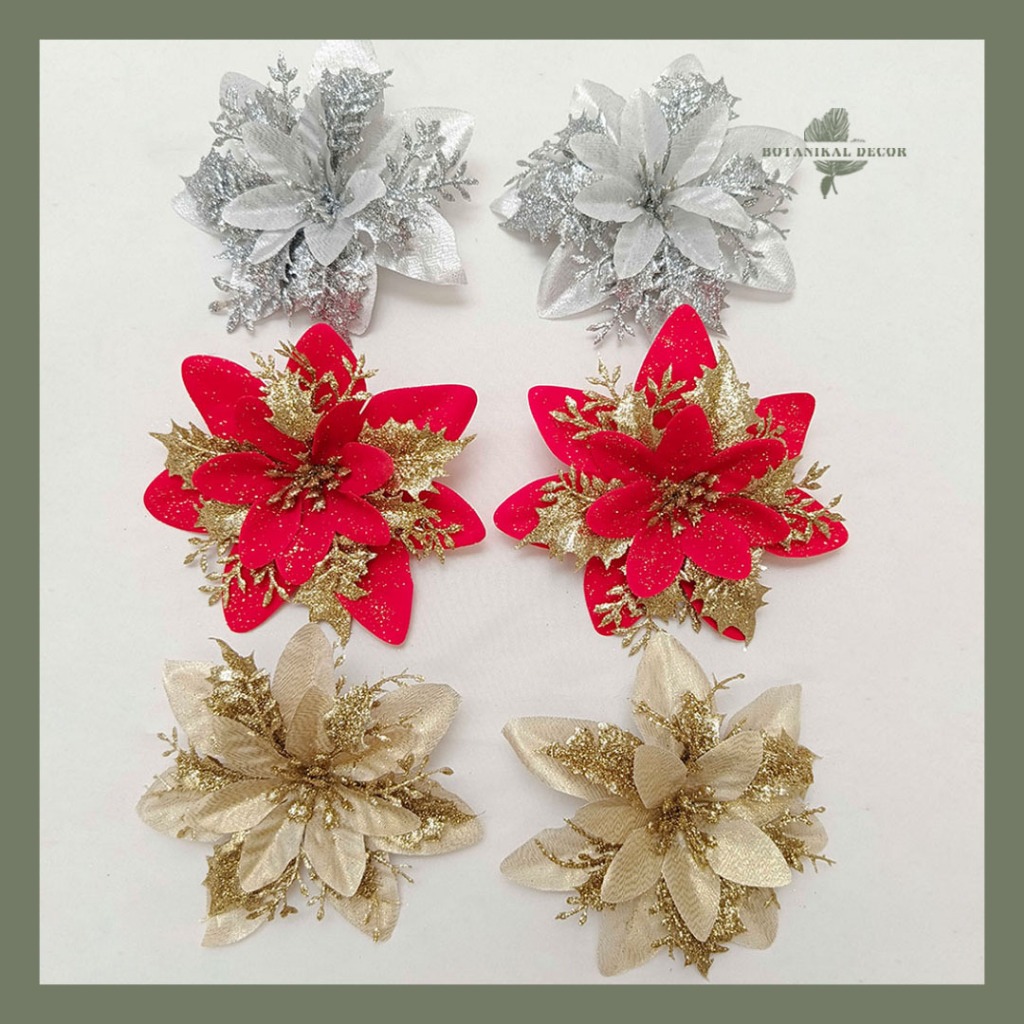Jual Christmas Bunga Glitter Poinsettia Premium Aksesoris Hampers Pohon ...