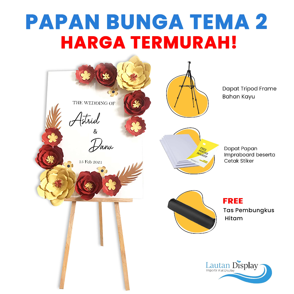 Jual (Tema 2) Standing Easel Tripod Kayu / Besi + Papan Bunga Kertas ...