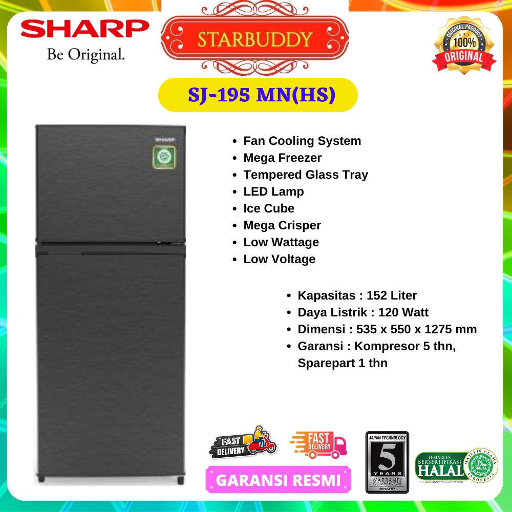 Jual KULKAS SHARP SJ-195MN(HS), SJ-195MN, SJ195MNHS 2 PINTU COCOK UNTUK ...