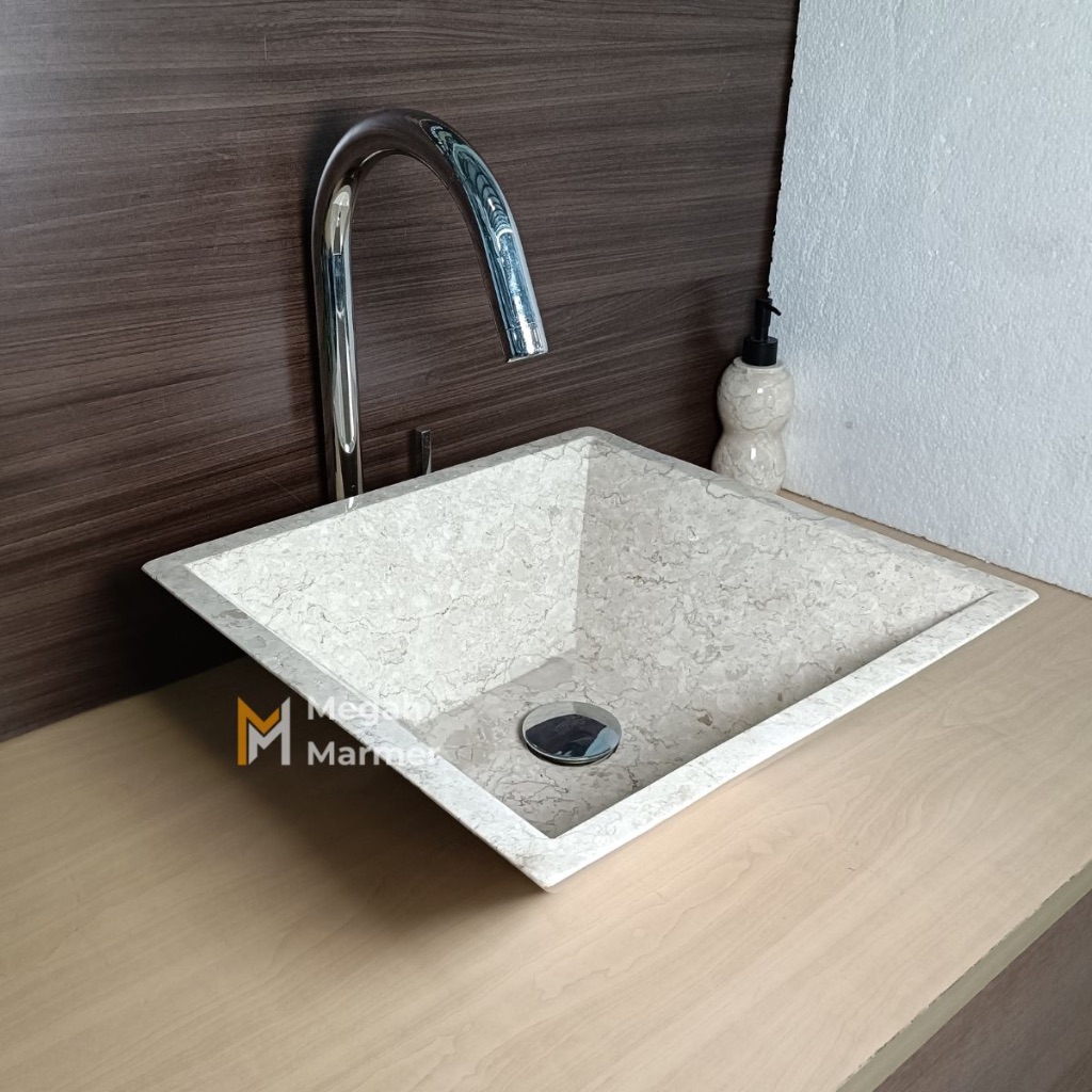 Jual Megah Marmer | Wastafel Marmer Bentuk Kotak Square Miring Cream ...