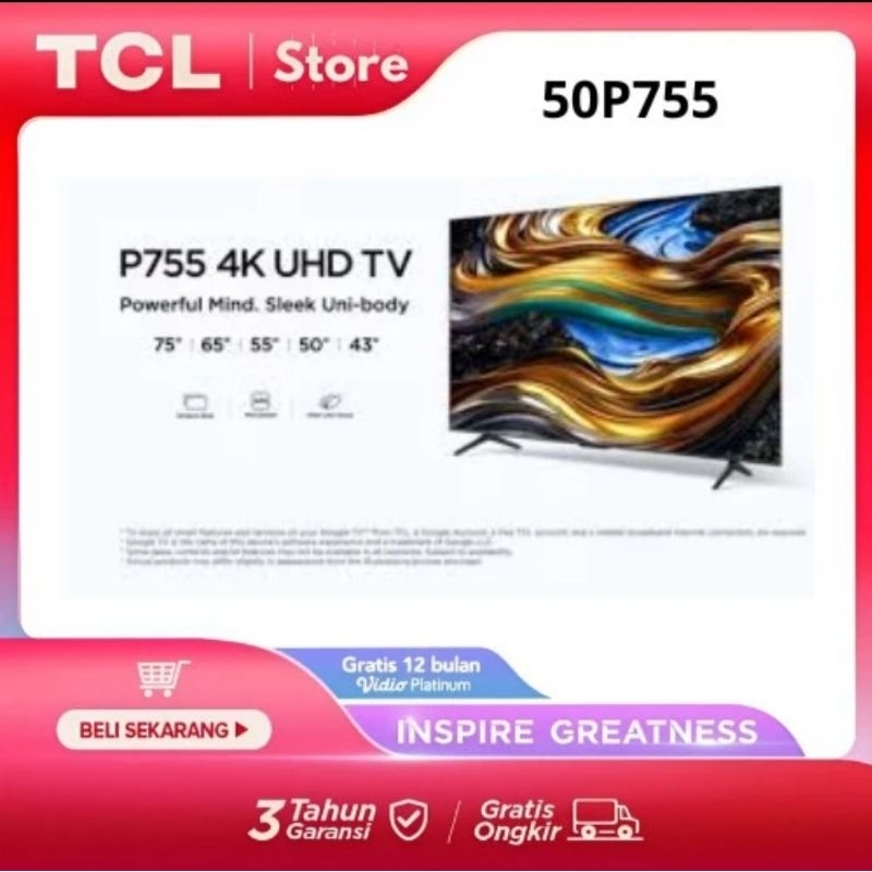 Jual TCL 50INCH 4K UHD GOOGLE TV T-SCREEN DOLBY ATMOS & DOLBY VISION 50P755 | Shopee Indonesia