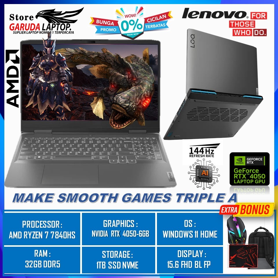 Jual LAPTOP GAMING LENOVO LOQ 15 AMD RYZEN 7 7840HS 32GB DDR5 1TB RTX4050-6GB 15.6 FHD IPS 144HZ ...