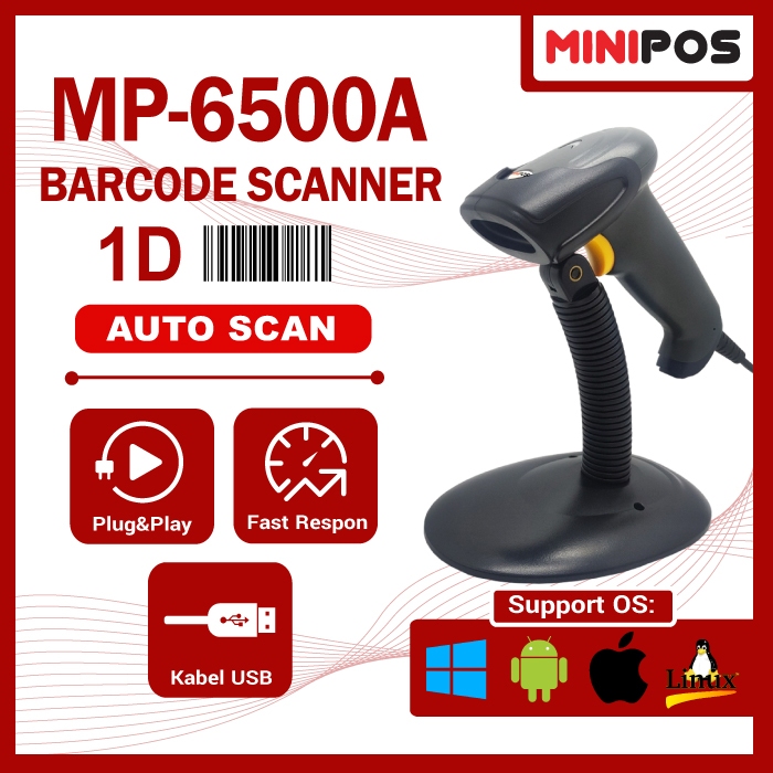 Jual Barcode Scanner 1D MINIPOS MP-6500A USB Auto Scan Auto Trigger Laser Tajam Terang Kuat ...