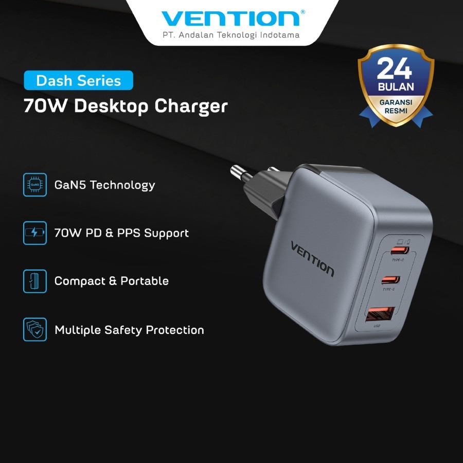 Jual Vention Dash Series GaN5 Kepala Charger 2C+U Fast Charging 70W ...
