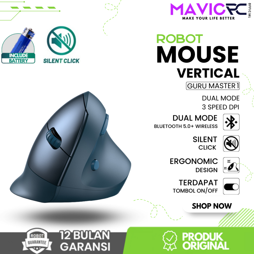 Jual ROBOT Guru Master 1 Vertical Mouse Dual Mode Wireless Bluetooth ...