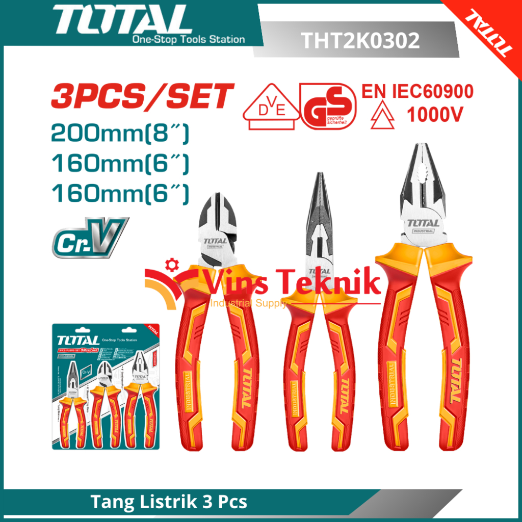Jual Tang Set 3 Pcs Set Tang Listrik 8" 6" 6" Cr-V TOTAL THT2K0302 ...