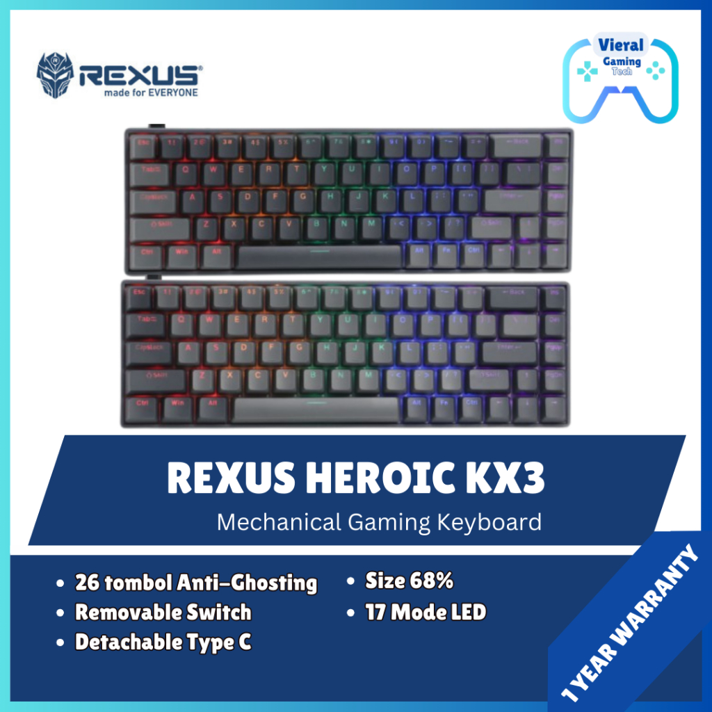 Jual Rexus KX3 / KX-3 Heroic 68% Mechanical Gaming Keyboard | Shopee Indonesia
