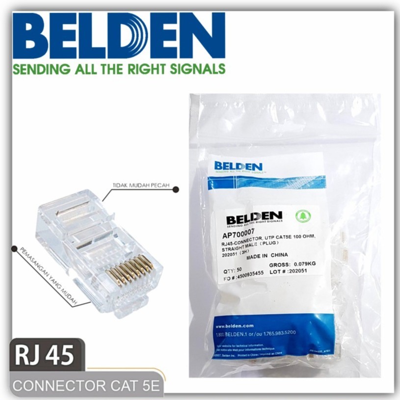 Jual CONNECTOR RJ45 BELDEN CAT 5E (ORIGINAL) (ISI 50) | Shopee Indonesia