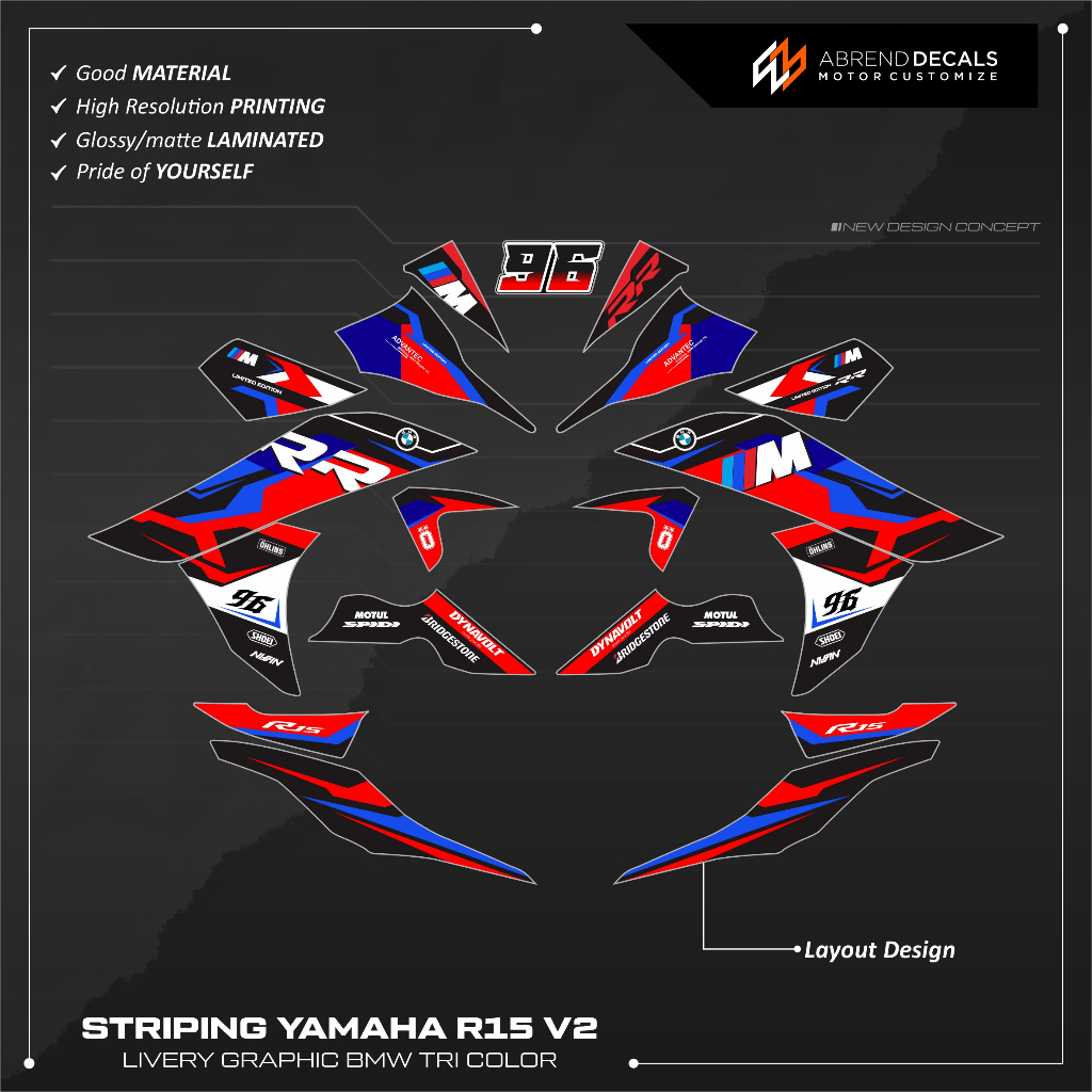 Jual STRIPING YAMAHA R15 V2 LIVERY BMW TRI COLOR DESIGN CUSTOM / STIKER ...