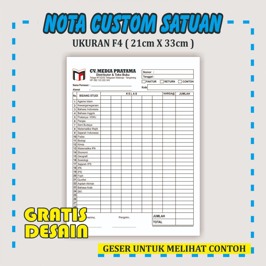 Jual Cetak NOTA Custom Uk. A4/F4 1 Rangkap Bahan HVS 75 gr Free Desain ...