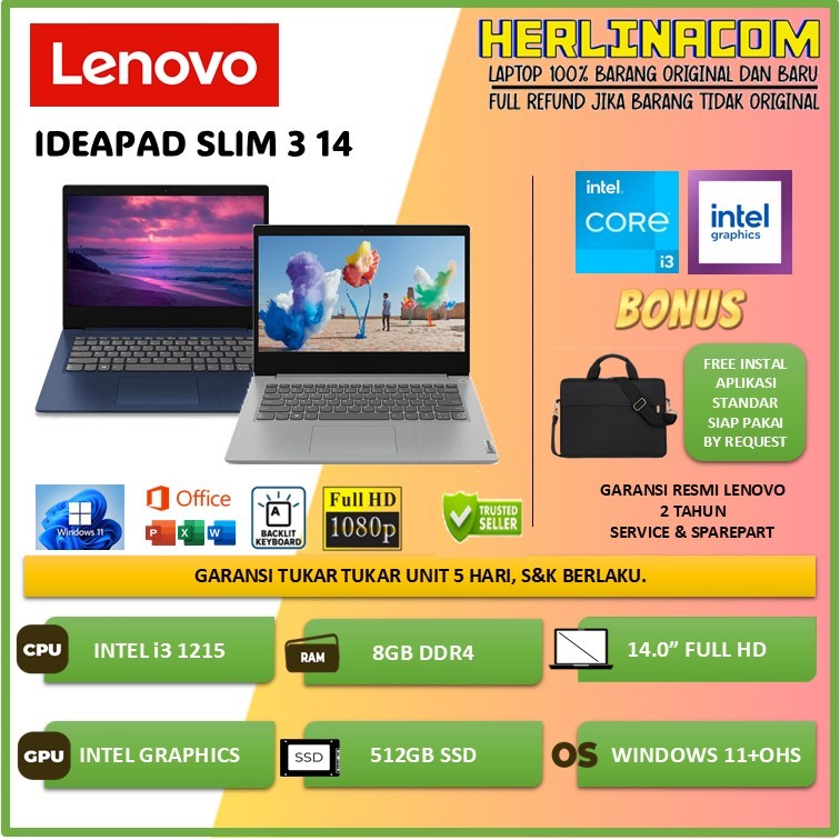 Jual LAPTOP LENOVO IDEAPAD SLIM 3 14 INTEL CORE i3 1215 8GB 512GB SSD ...