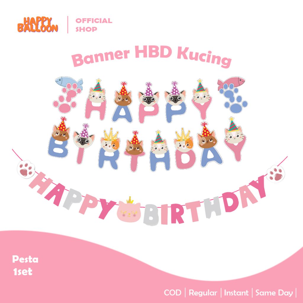 Jual HappyBalloon Banner Happy Birthday Tema Kucing IMPORT | Shopee ...