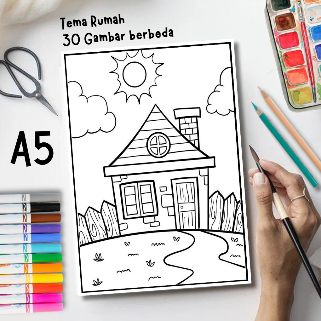 Jual 30 Gambar Kertas mewarnai anak / Coloring / Sketsa Tema Rumah ...