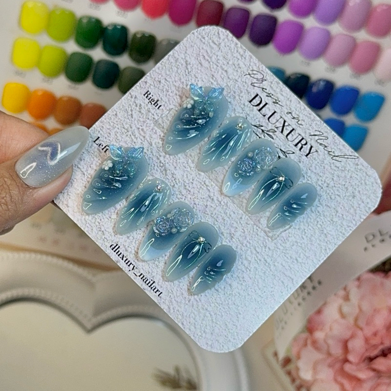 Jual Press on nail Biru blush 3D | soft with flowers&butterfly | Shopee ...