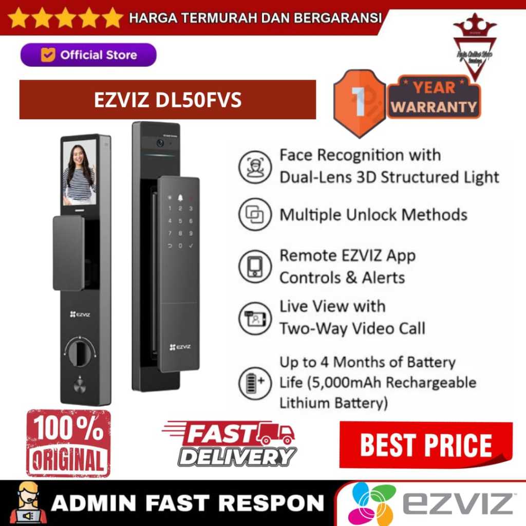 Jual Ezviz DL50FVS Face ID Recognition Smart Security Door Lock ...