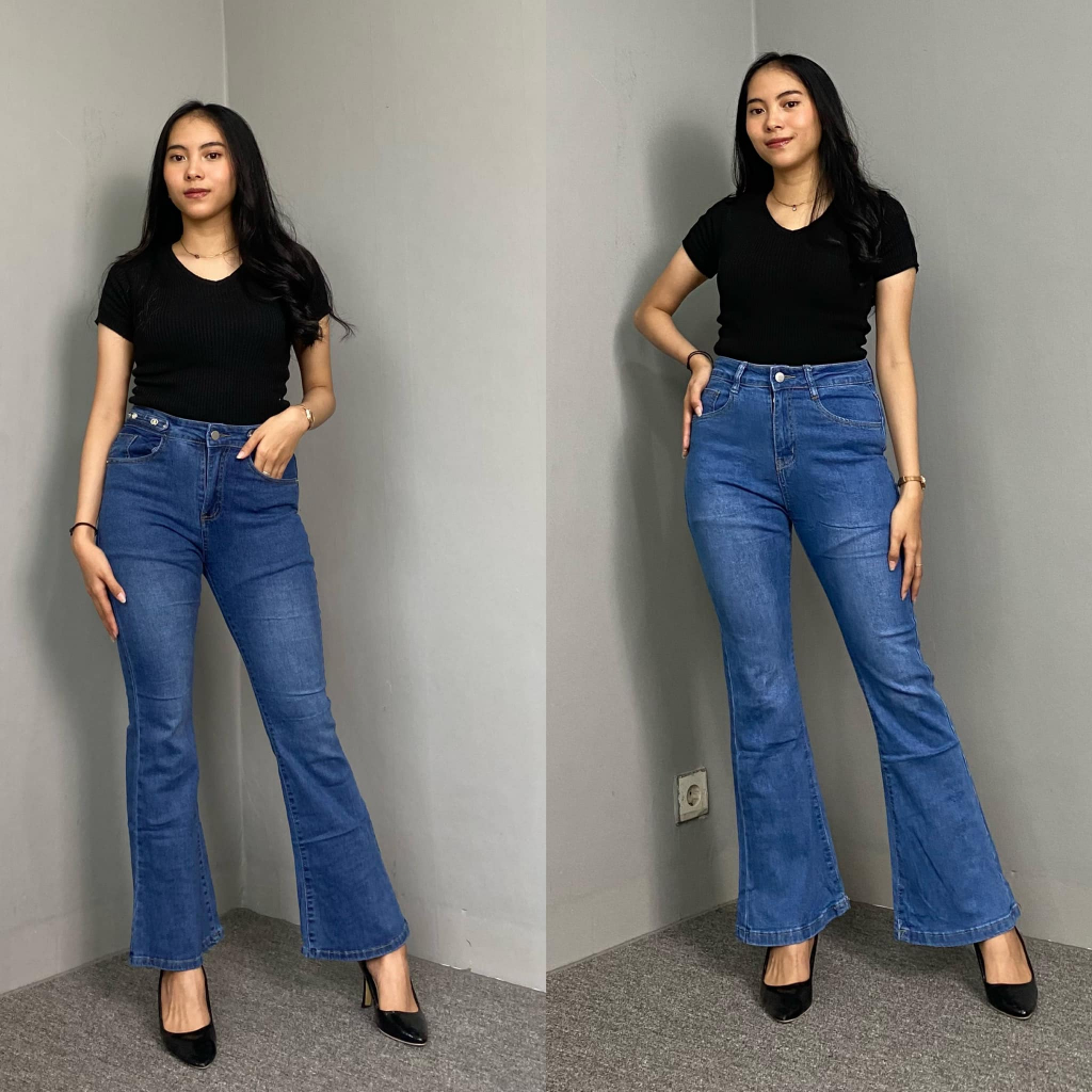 Jual Bkk Cutbray Series Plain Bassic Biru Stretch flare Jeans Wanita ...