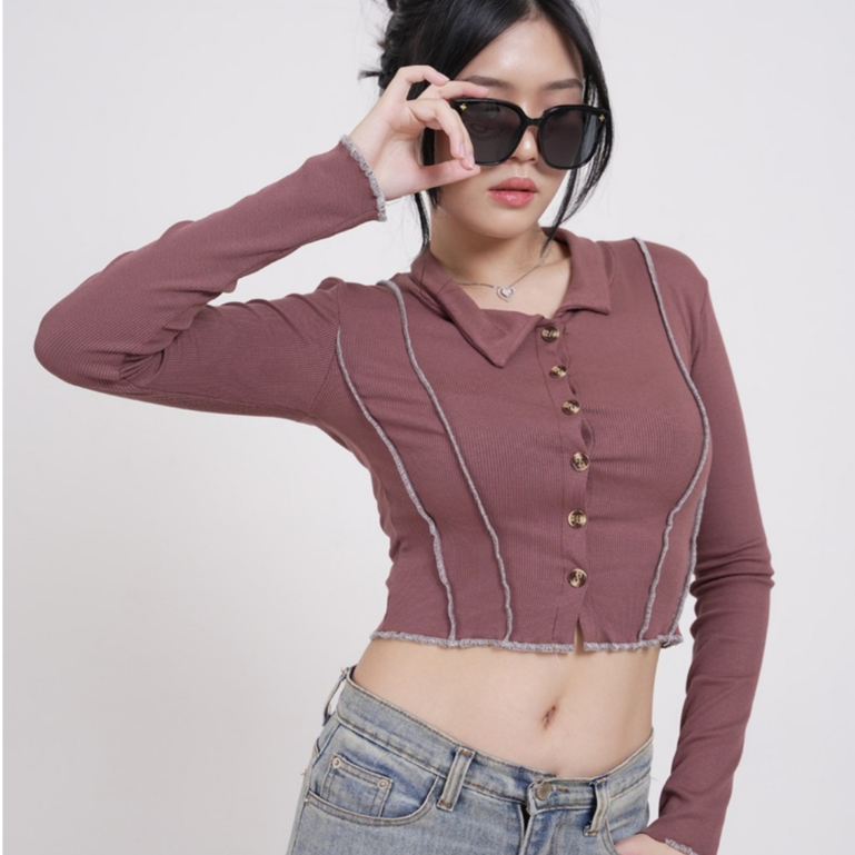 Jual 99kOUTLET Collar Neck Long Sleeve Button Crop Top Shirt 3080 (S/M ...