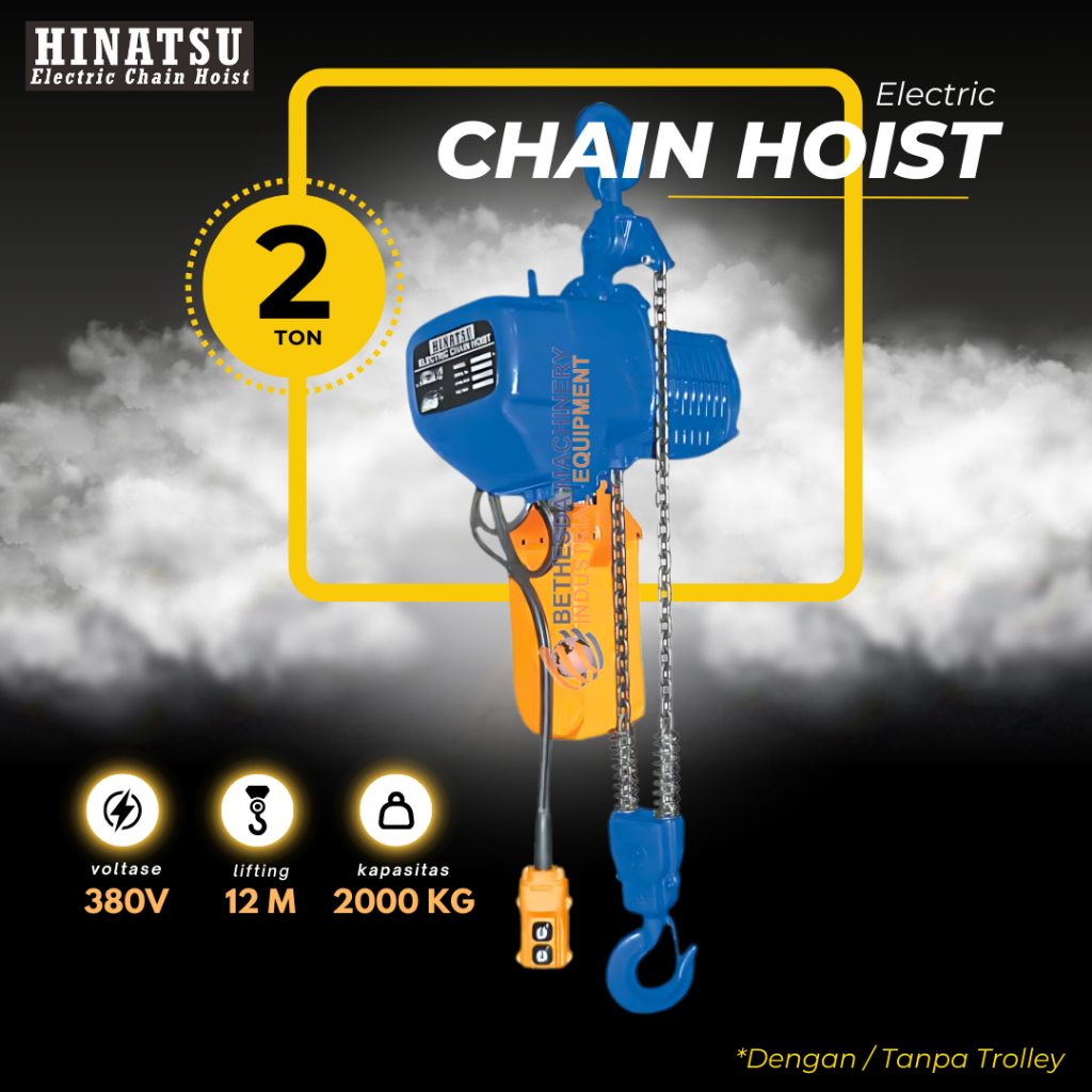 Jual Electric Chain Hoist 2 Ton Lifting 12 Meter Trolley Hinatsu ...