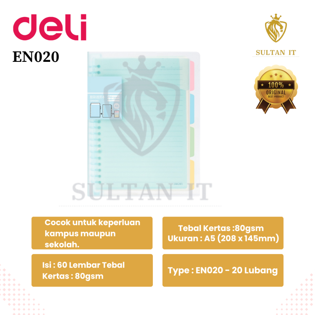 Jual Deli Buku Spiral Notebook Uk. A5 60 Lembar Loose-Leaf Blue EN020 / EN021 Original | Shopee ...