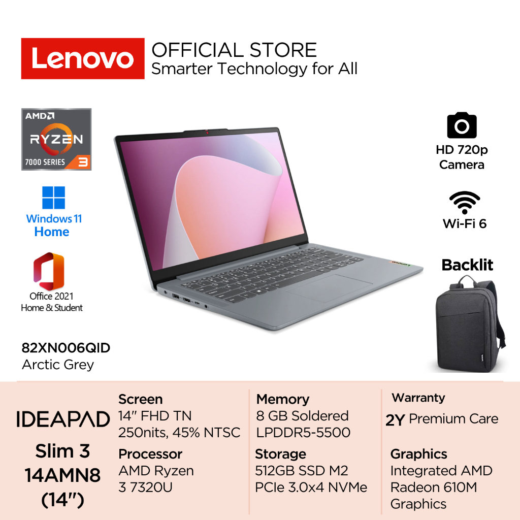 Jual Lenovo IdeaPad Slim 3 14AMN8 AMD Ryzen 3 7320U Win11 8GB Soldered 512GB SSD 14" FHD TN ...