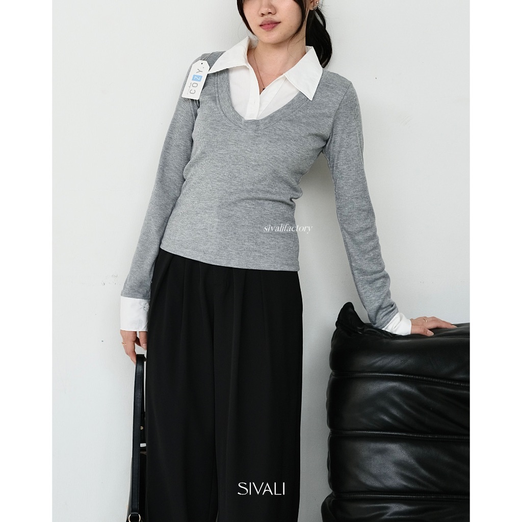 Jual SIVALI Megan Knit Collar Top - Atasan Wanita Rajut Combined Shirt - Casual Look Korean Top ...