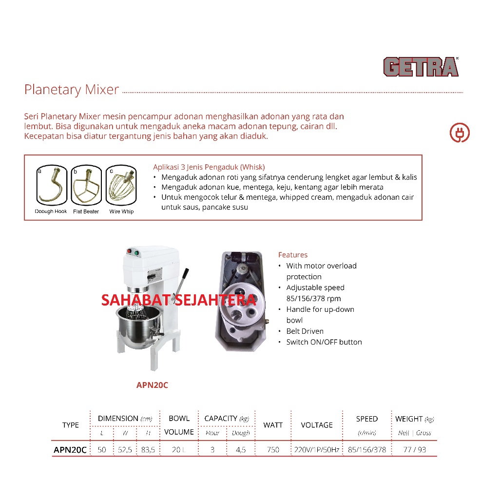 Jual GETRA Planetary Mixer APN20C Mesin Pengaduk Adonan Roti & Kue Kap ...