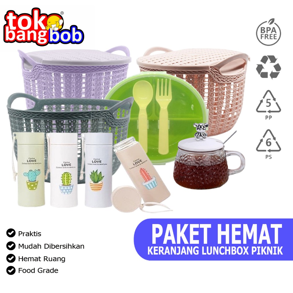 Jual PAKET Hemat 6in1 Keranjang Topas Lunch Box Tempat Makan Golden Sunkist 3 Sekat Plus Mug Dan ...