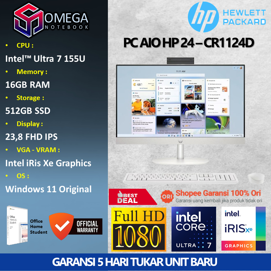 Jual PC AIO HP 24-CR1124D Ultra 7 155U 16GB 512GB 23.8" FHD Windows 11 ...