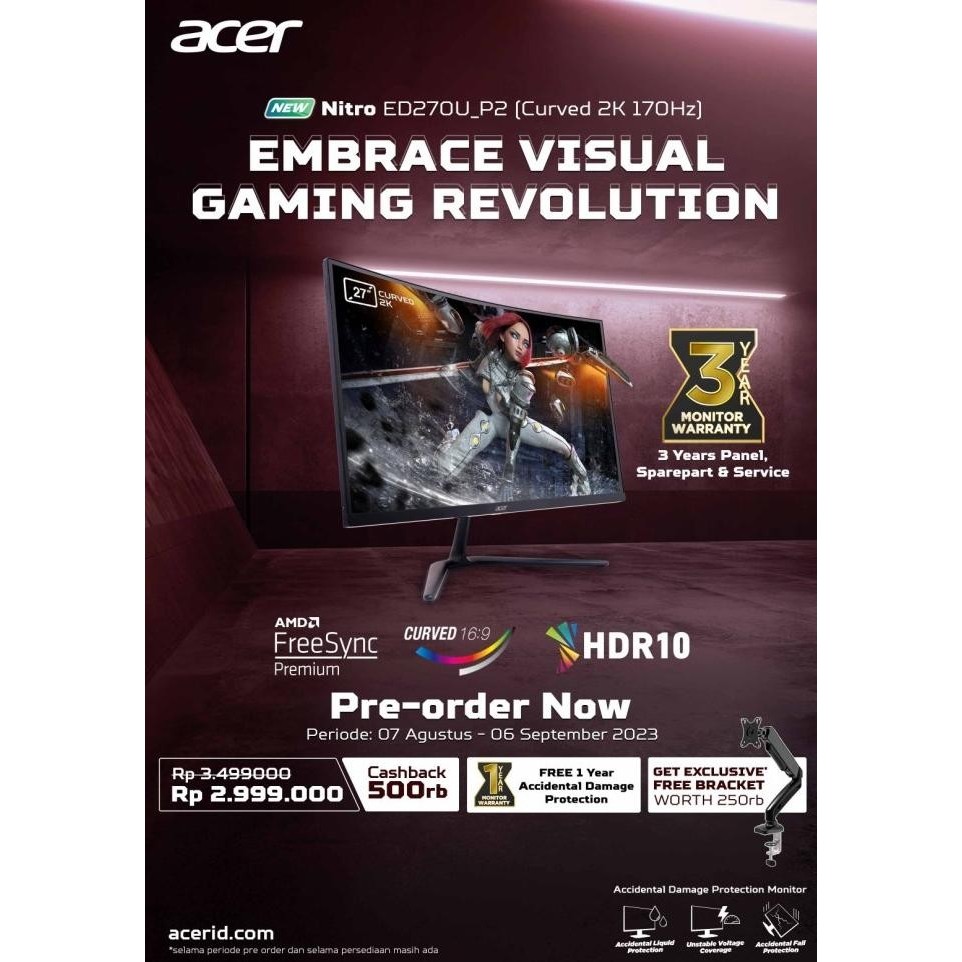 Jual curve curved Ed 270 monitor Acer Nitro Ed270 P2 27 Inch Va 1Ms 170Hz Wqhd Gaming Lcd ...