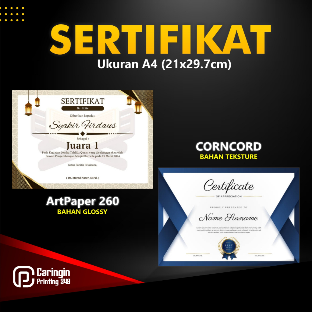 Jual Print Sertifikat /Cetak Sertifikat Piagam DESAIN CUSTOM UKURAN A4 ...